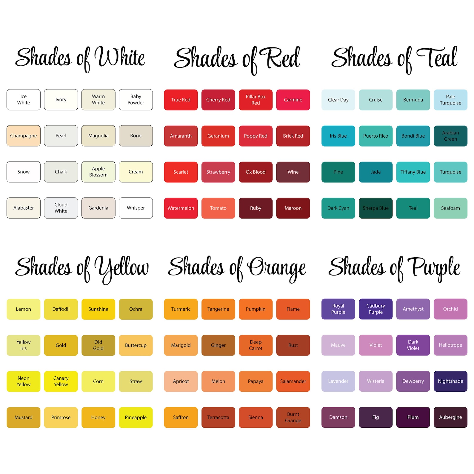 206 Color Names And Shades Color Chart Name Color Shade Table Colour