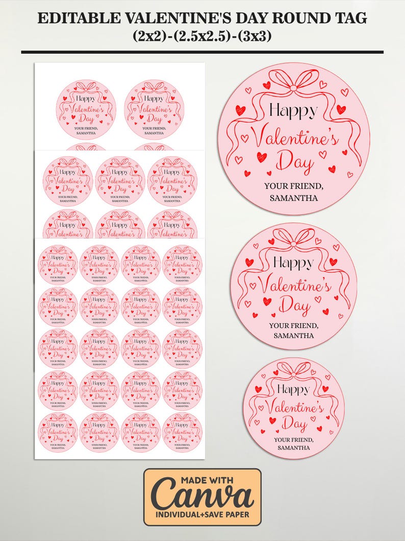 Editable Valentines Day Gift Tags, Red Bow Pink Valentine Sticker ...