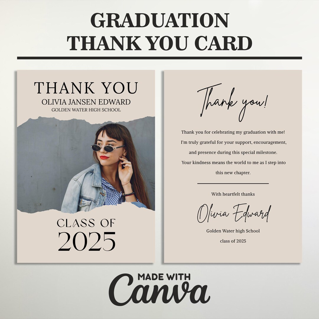 Editable Graduation Thank You Card Canva Template Graduation Photo ...