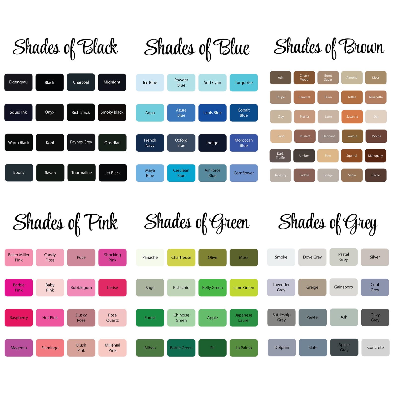 206 Color Names and Shades, Color Chart Name, Color Shade Table, Colour ...