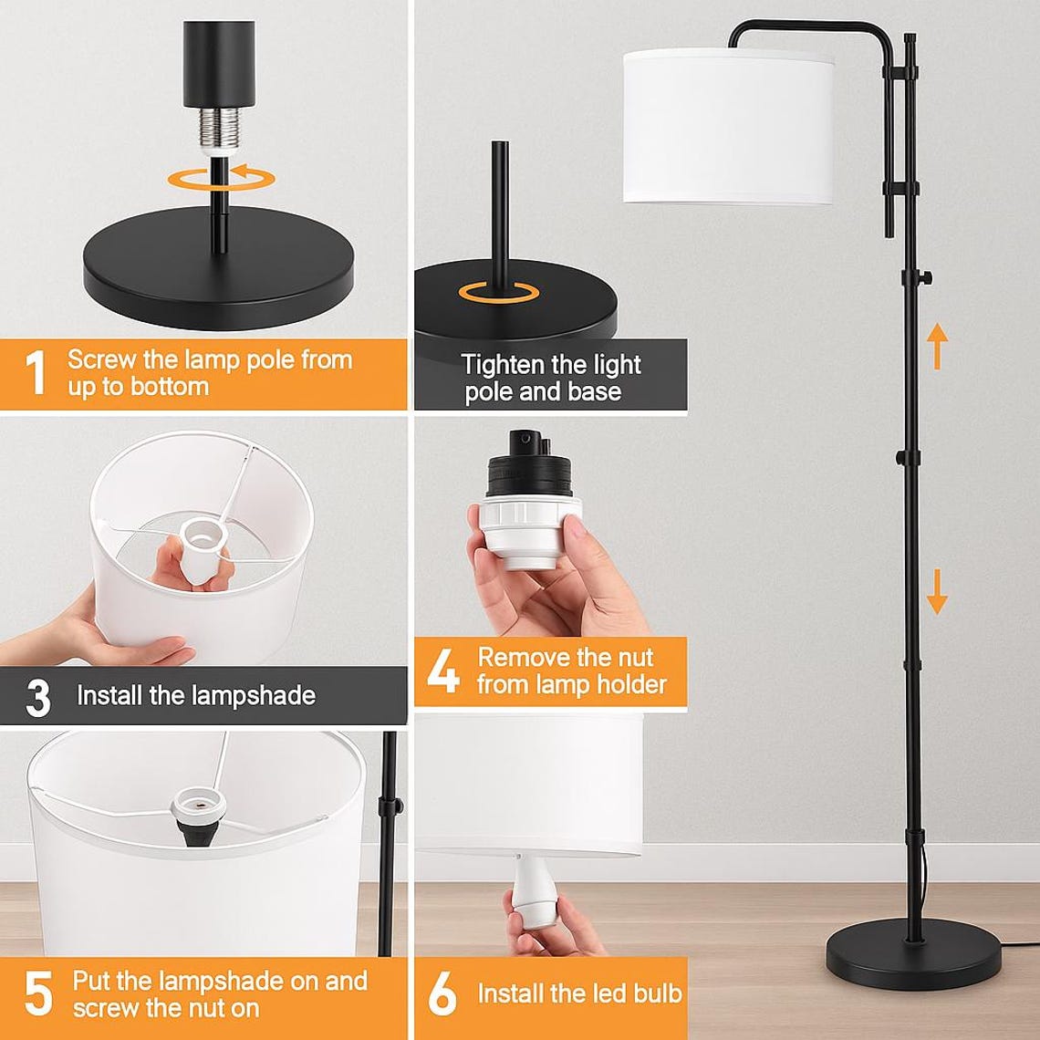 Modern Dimmable LED Floor Lamp: Adjustable Height, Rotating Shade - Etsy