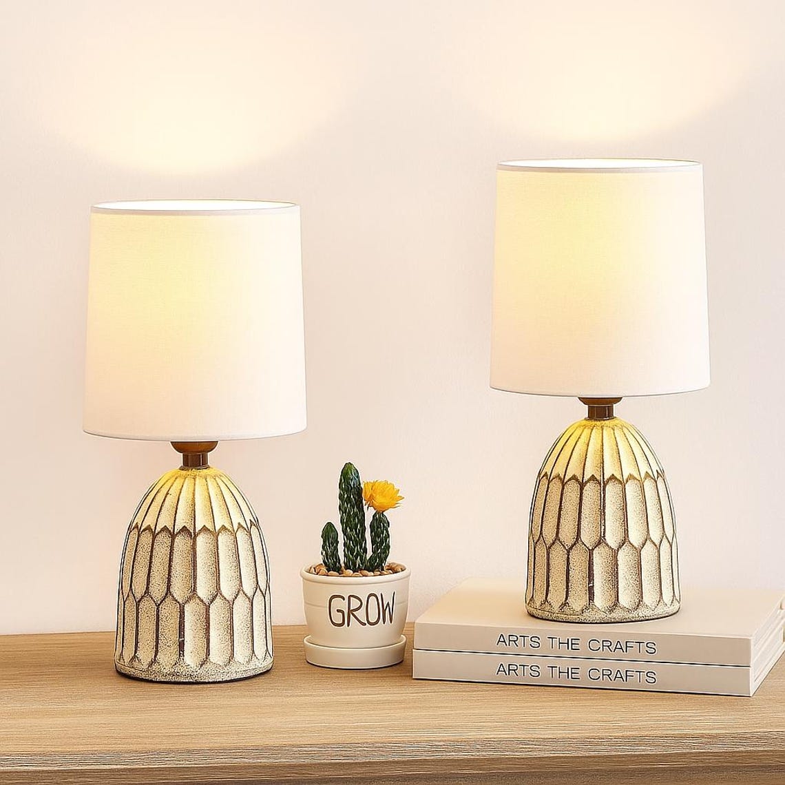 Rustic Ceramic Table Lamp Set, Boho Farmhouse Decor, 13.5" Small Lamp ...