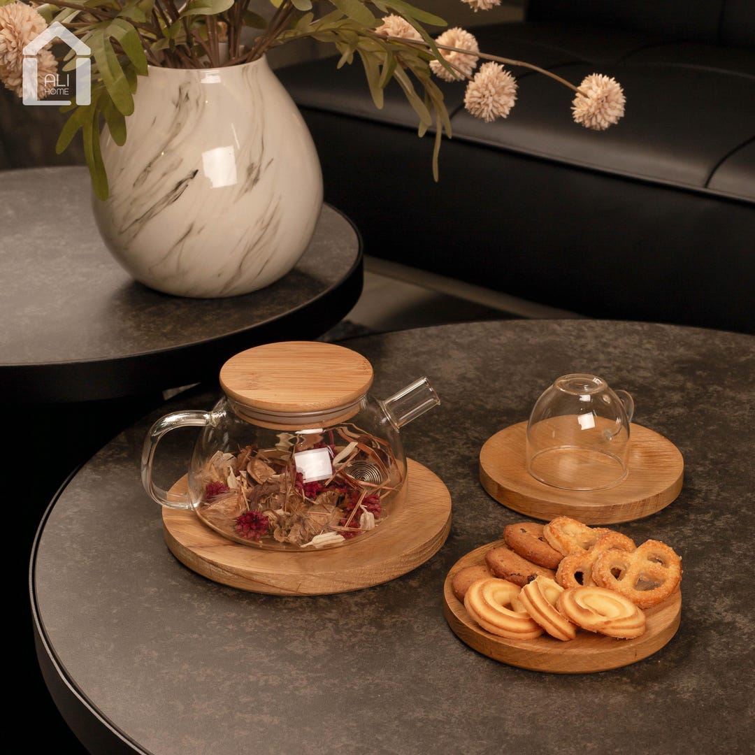 Handcrafted Round Wood Tea Serving Platter, Biscuits & Tea Display Tray ...