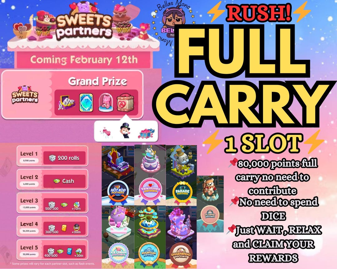 Monopoly Go rush Partners Event Sweets Partners/ for 1 Slot/full CARRY 80k/feb. 12, 2025/ Read ...