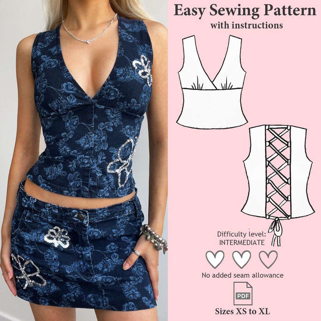 Y2K Cami Top Sewing Pattern, Lace up Back PDF Pattern, Crop Top Women ...
