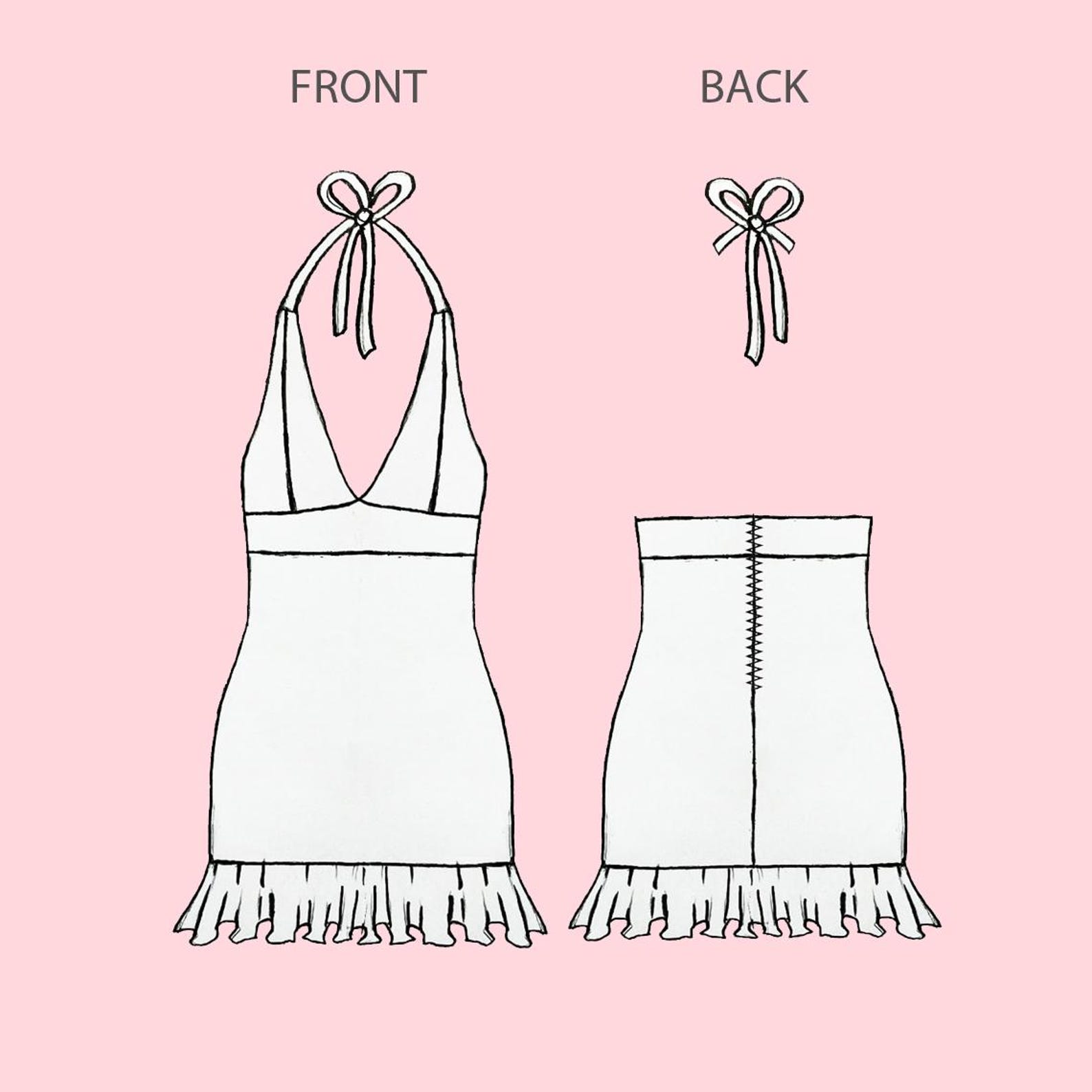 Halter Neck Ruffle Mini Dress Sewing Pattern, Y2K Mini Dress Sewing ...