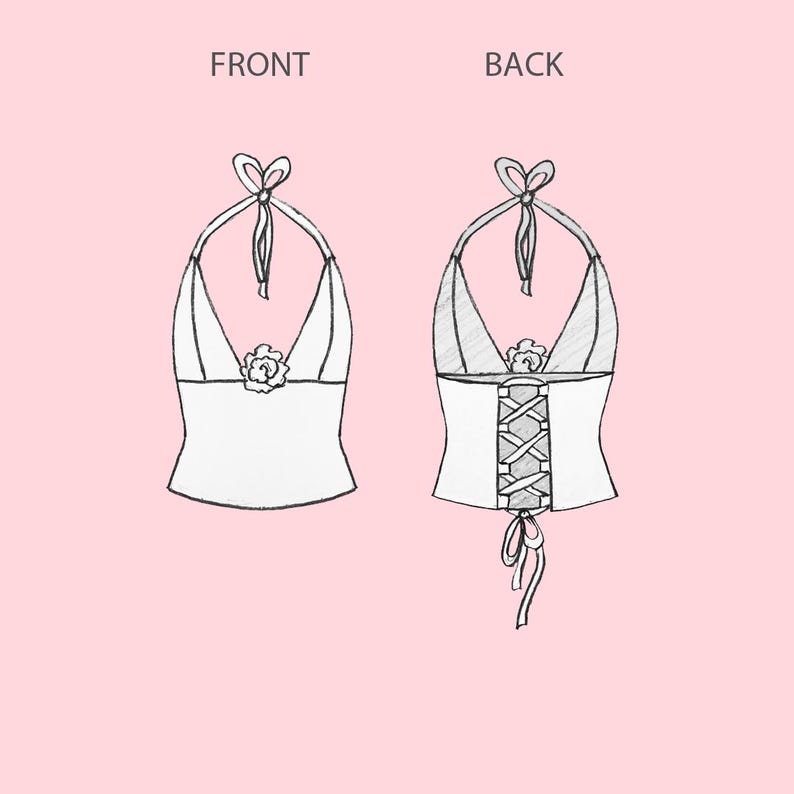 Halter Neck Crop Top Sewing Pattern, Flower Crop Top Pattern, Lace up ...