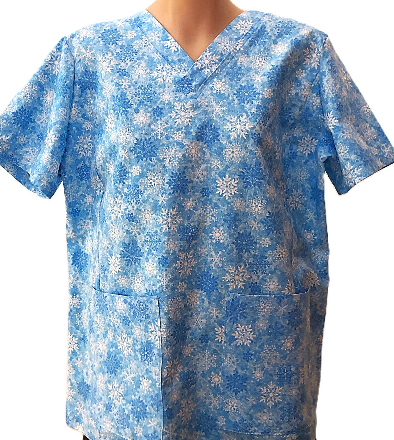 Women's Snowflakes Glitter Blue Christmas Scrub Top Festive Holiday ...