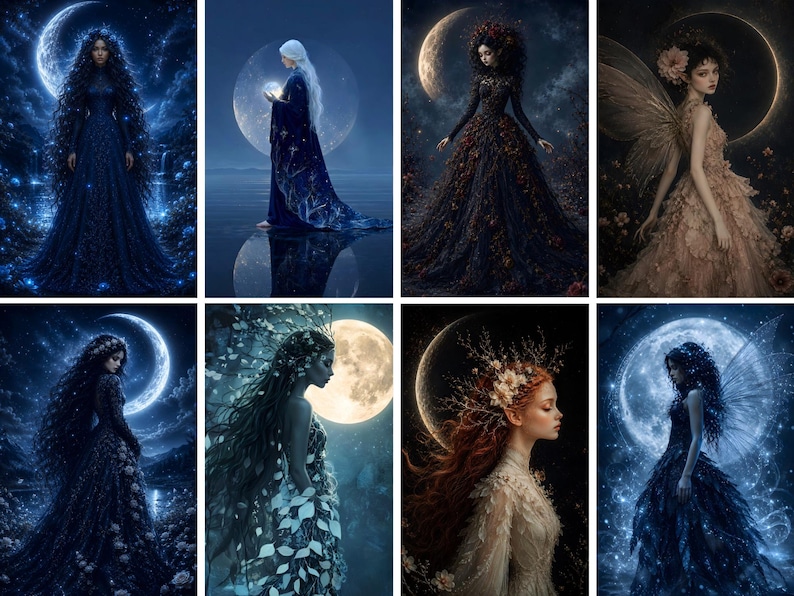 Gothic Moon Goddess Art Print Bundle, Dark Fairy Celestial Portraits ...