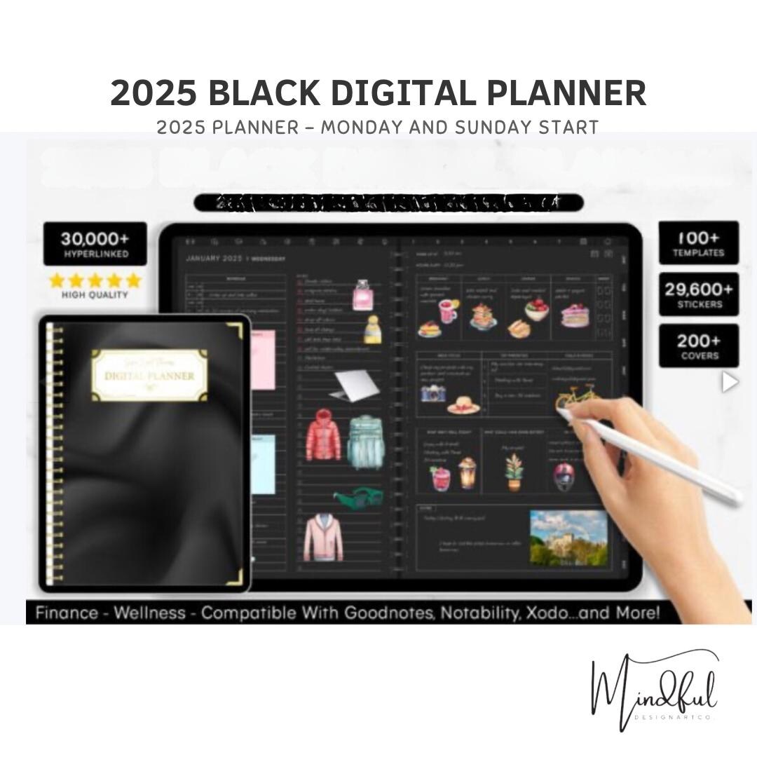 2025 Black Digital Planner Monday and Sunday Start, Hyperlinked, Stickers Included, Compatible ...