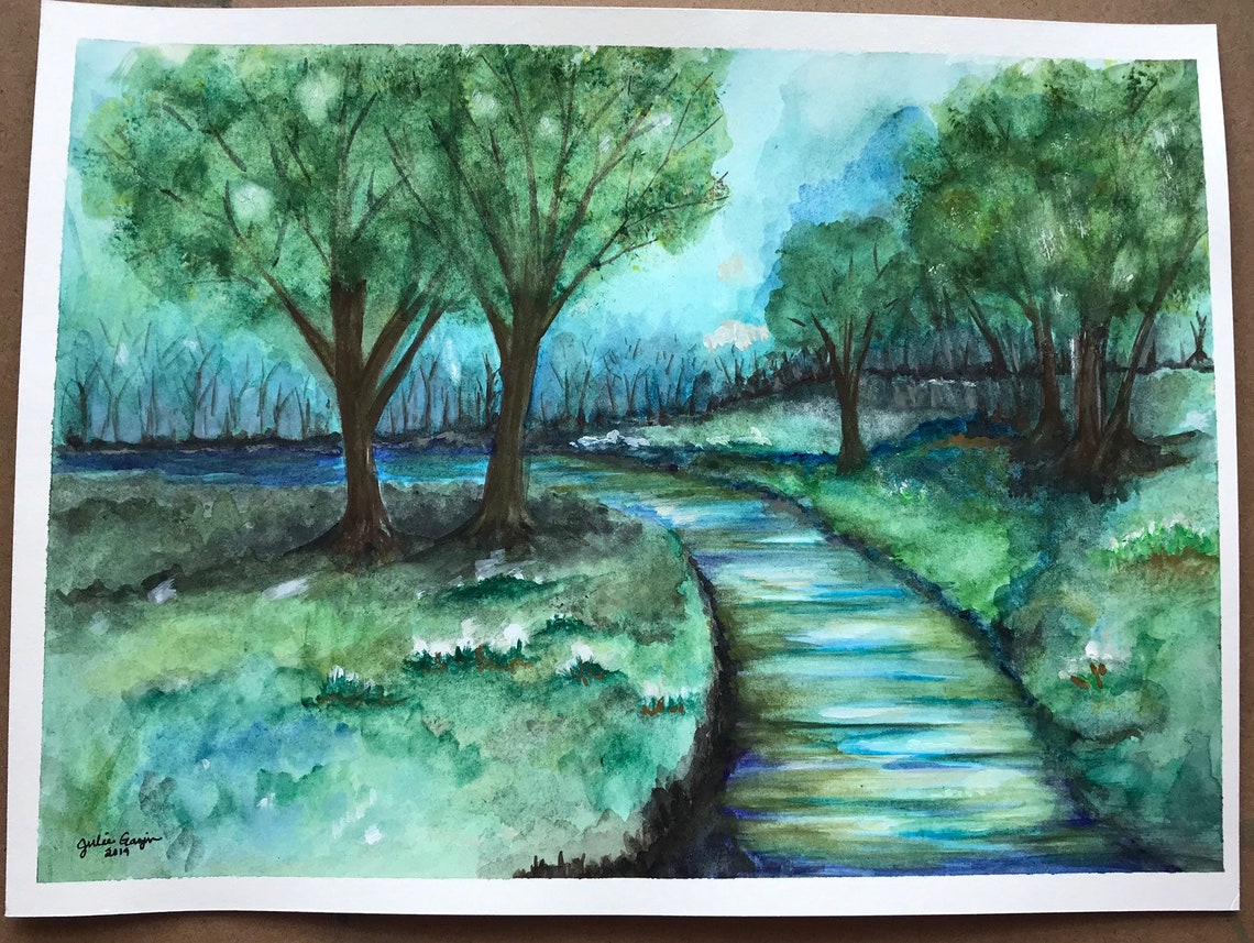 River Watercolor, Original Art Watercolor, Woods Scene Painting, Aqua ...