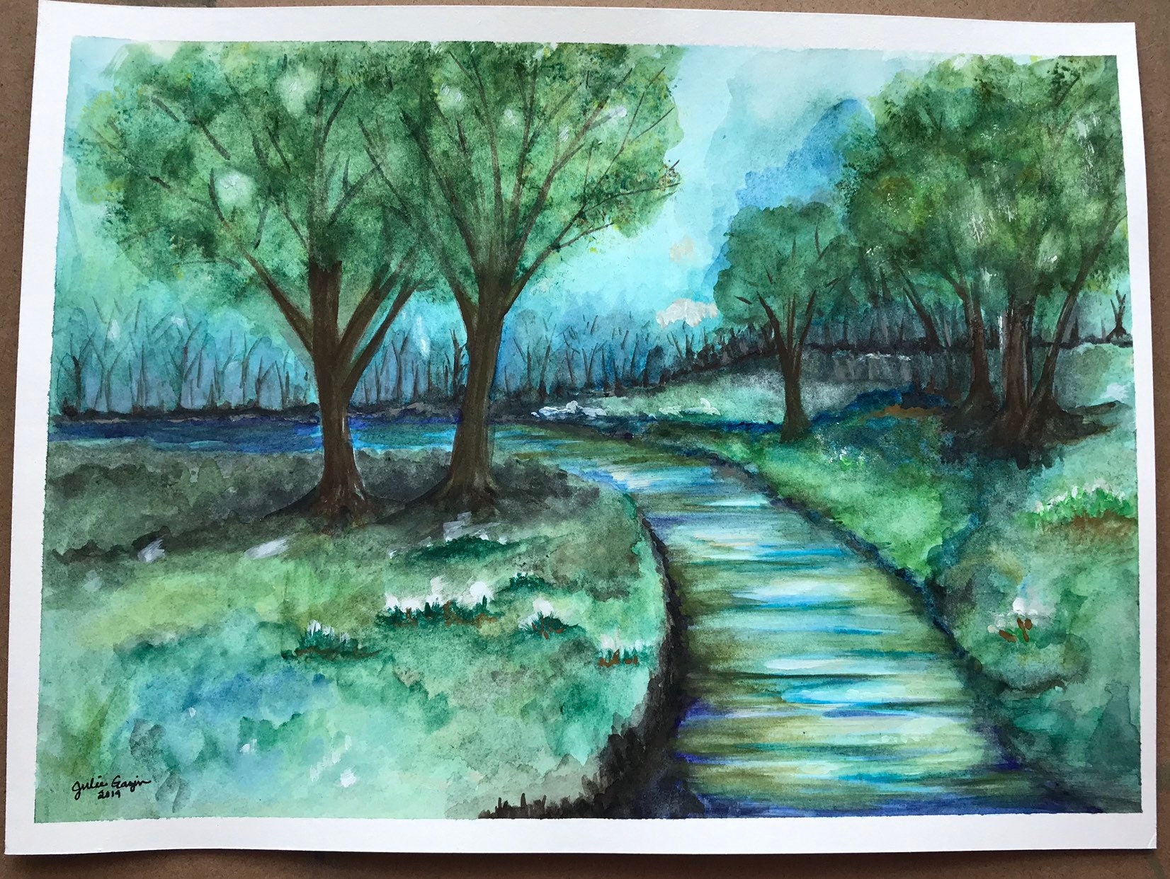 River Watercolor, Original Art Watercolor, Woods Scene Painting, Aqua ...