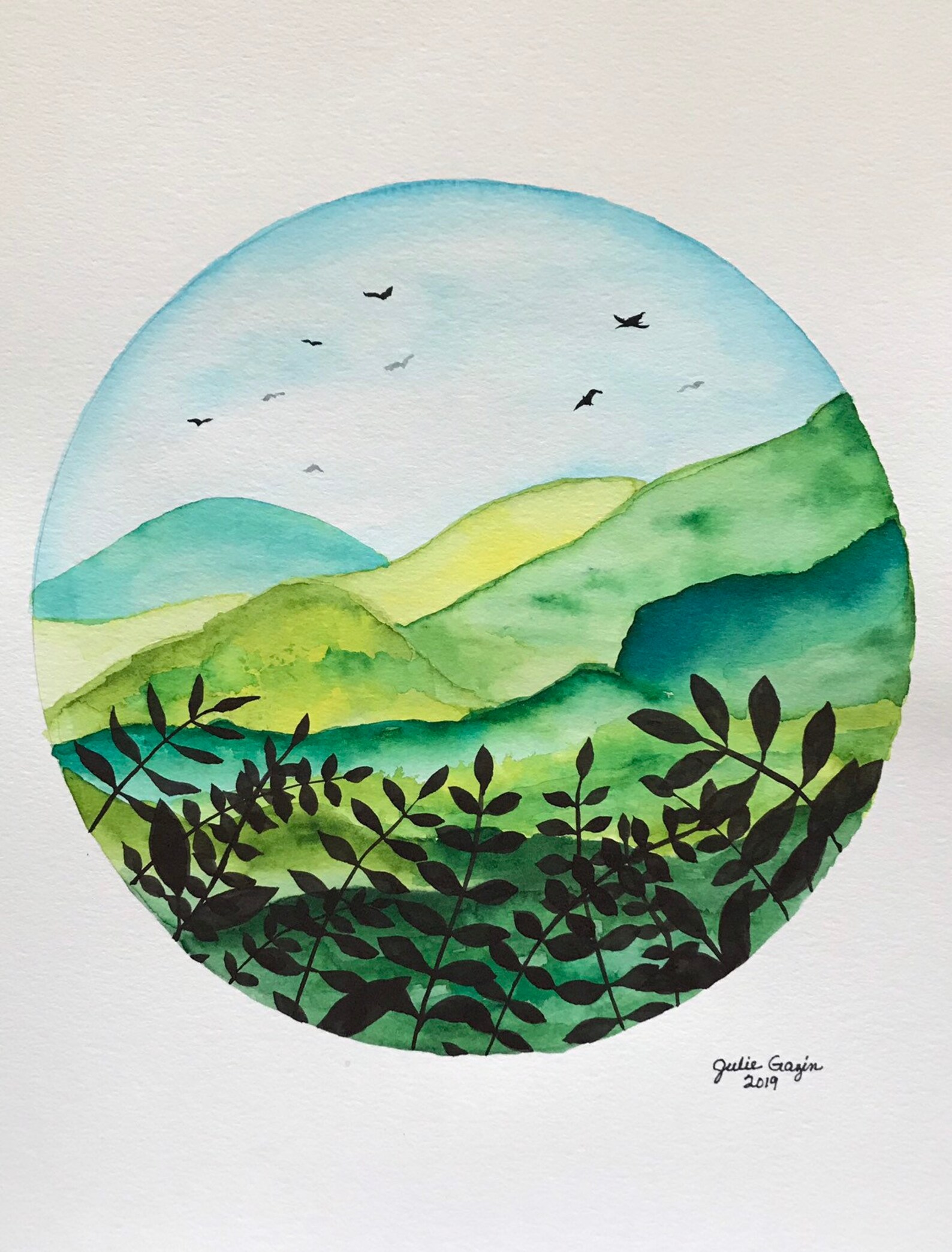 Original Landscape, Circular Mountain Scene, Watercolor Original, 9 X ...