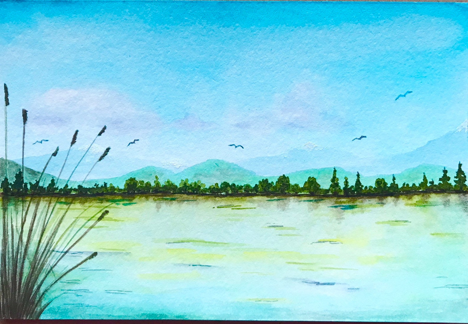 Paisaje de acuarela original, acuarela de lago, acuarela de río ...