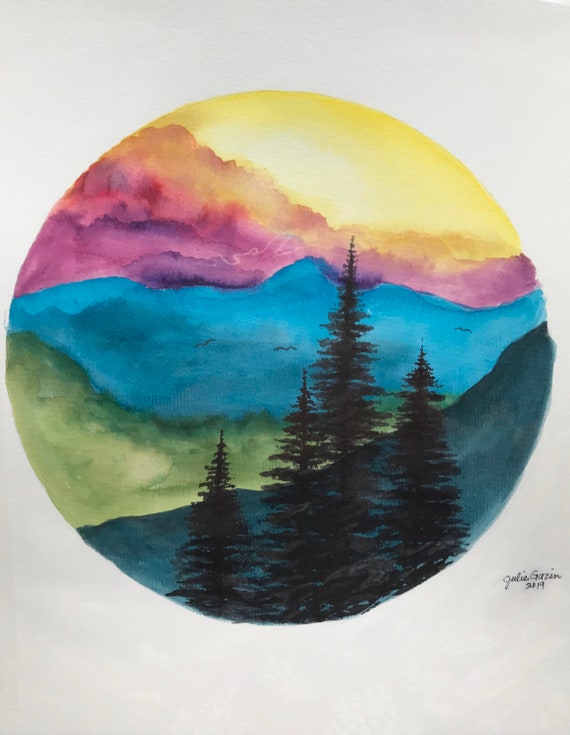 Original Landscape Circular Mountain Scene Watercolor | Etsy