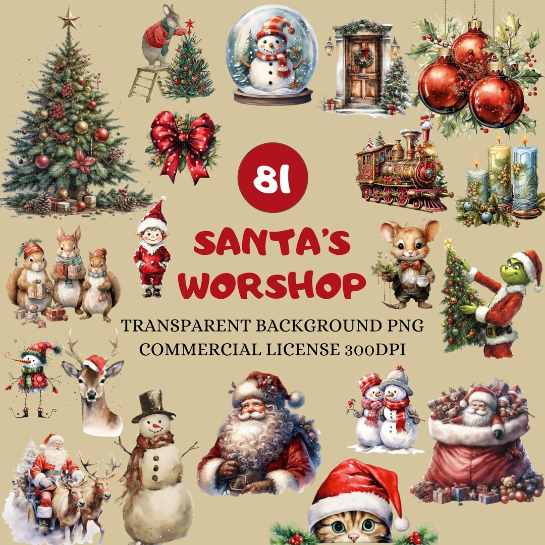 81 Santa's Workshop, PNG Watercolor Clipart, Santa, Snowman, Grinch ...