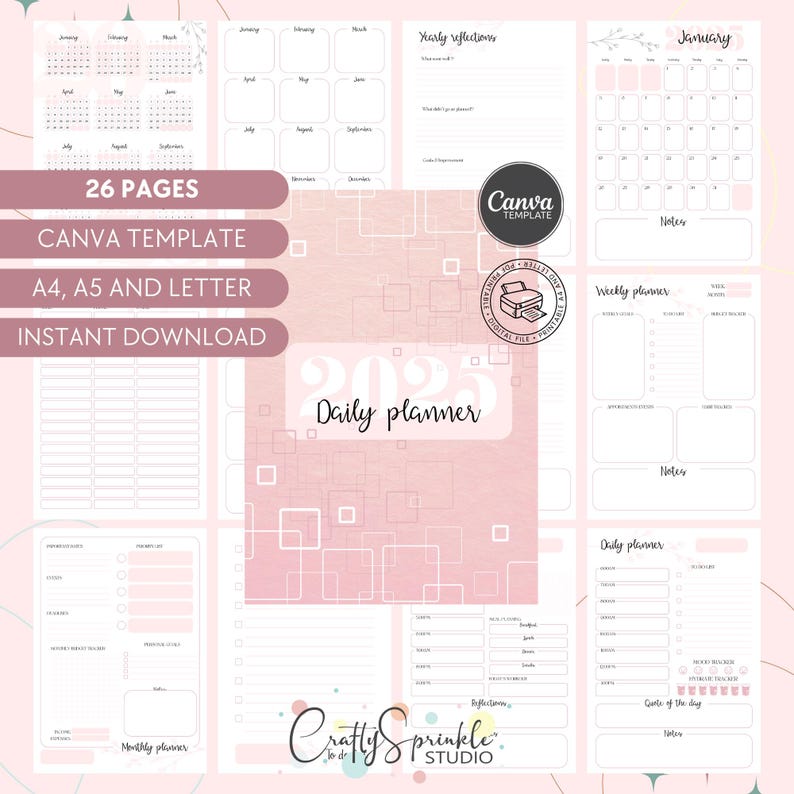 2025 Daily Planner - Editable Canva Template - Blush Pink Printable - Etsy