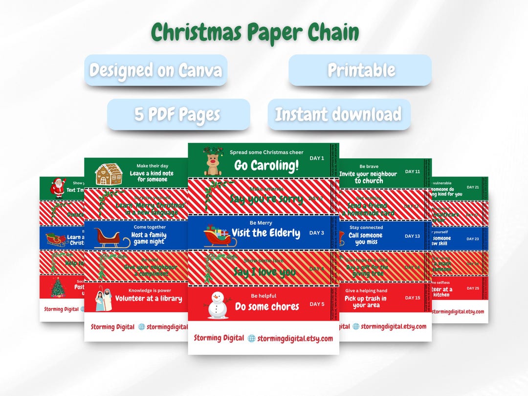 25 Days Christmas Advent Paper Chain Countdown, Printable Christmas ...