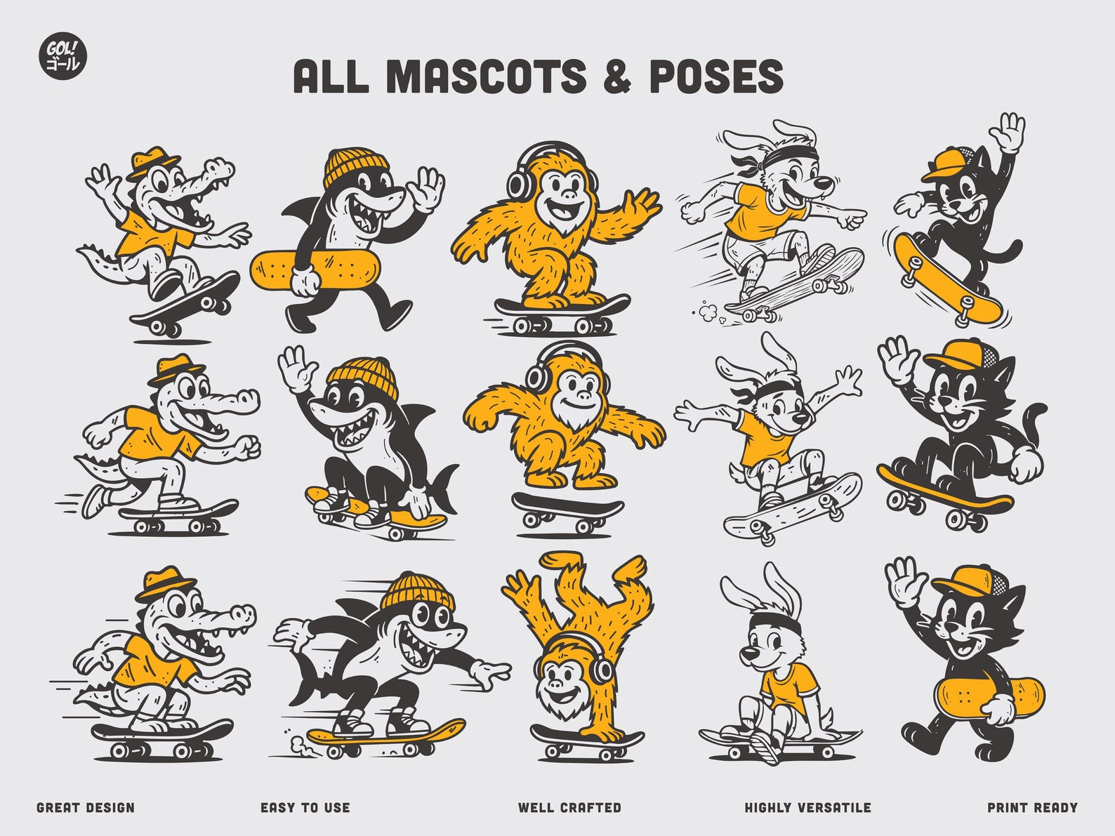 Retro Skateboard Mascot Vector Pack: Cartoon Logos & T-shirt Designs ...