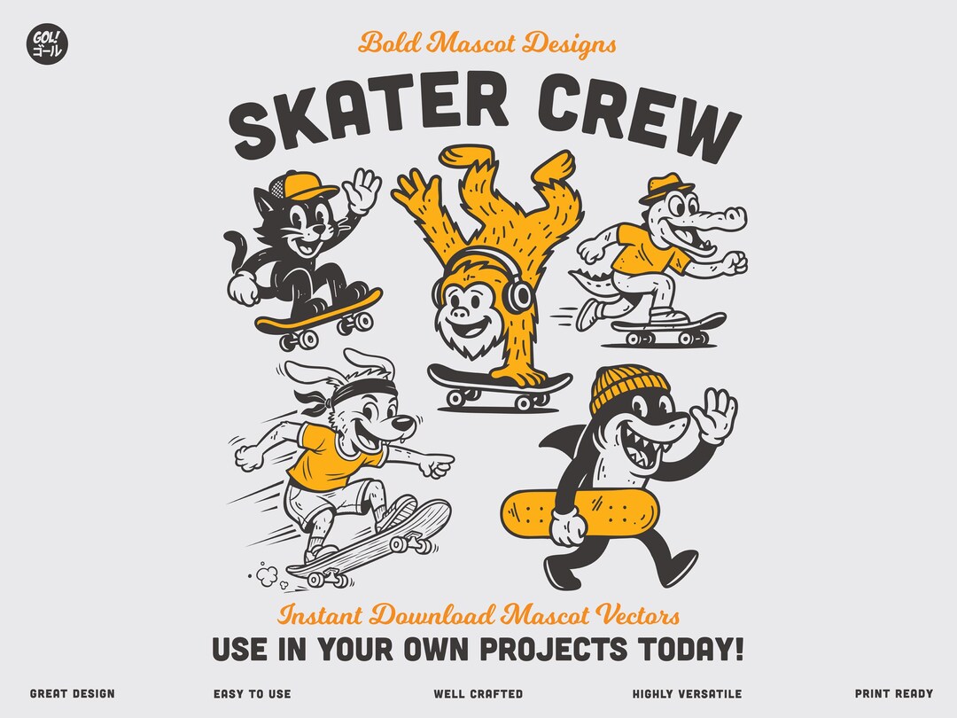 Retro Skateboard Mascot Vector Pack: Cartoon Logos & T-shirt Designs ...