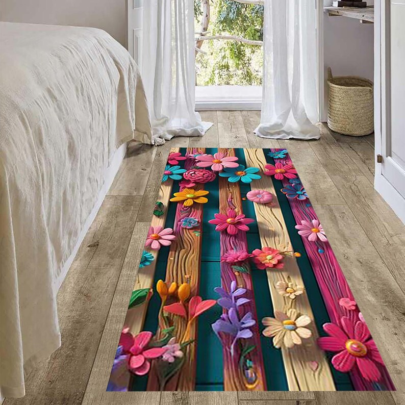 Runner Rug, Floral Rug, Wooden Fence Rug, Colorful Floral Patterned Rug ...