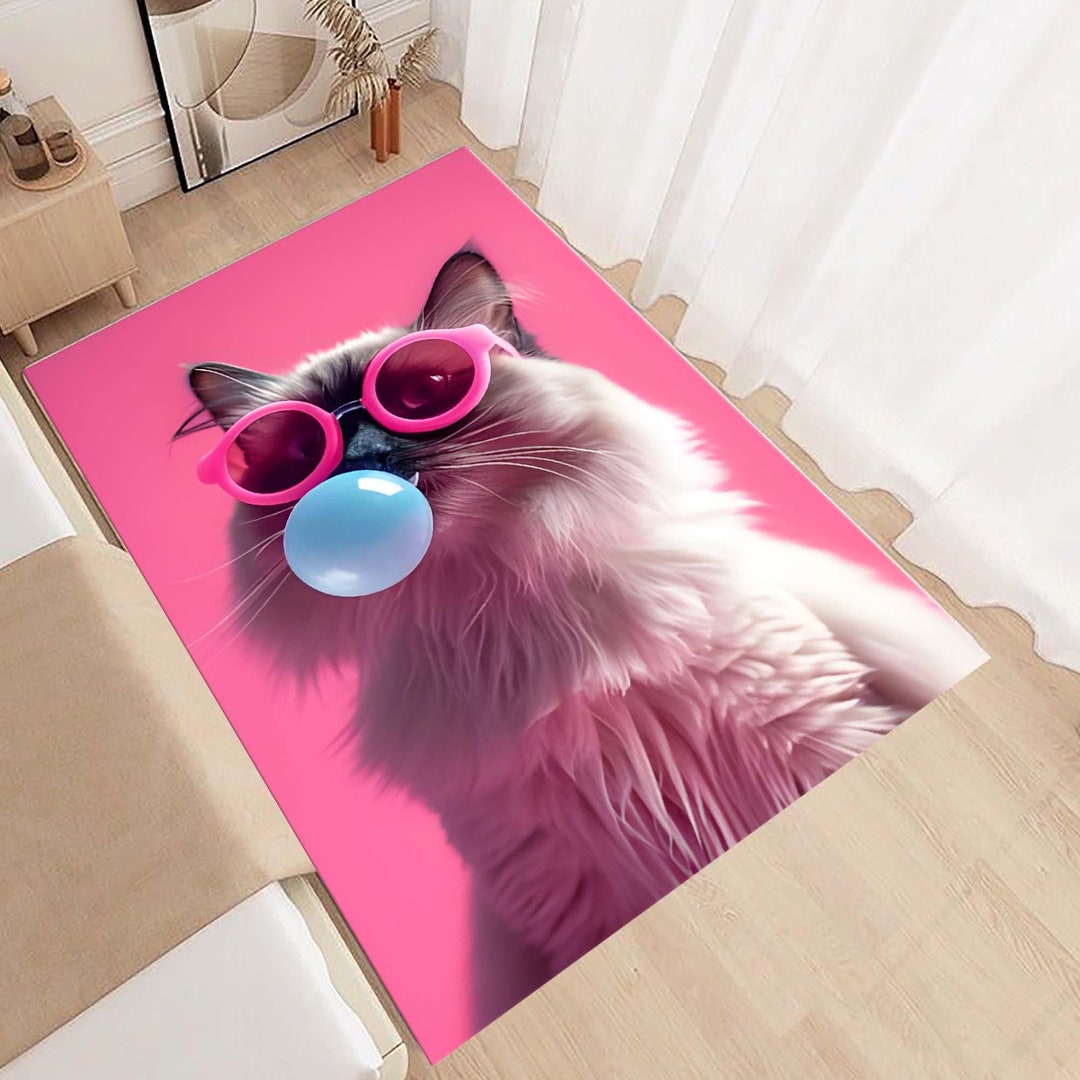 Funny Cat Area Rug With Bubble Gum Design, Pink Rug, Animal Rug ...