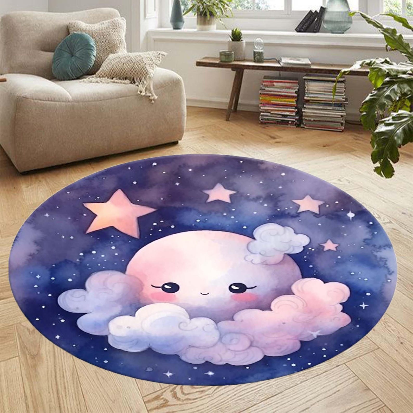 Moon Rug, Round Moon and Stars Rug, Cute Celestial Themed Circular ...