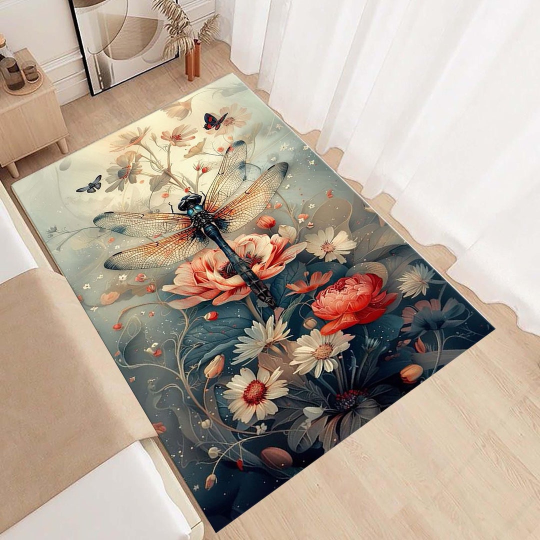 Dragonfly Rug, Butterfly Rug, Floral Rug, Garden Dragonfly Area Rug ...