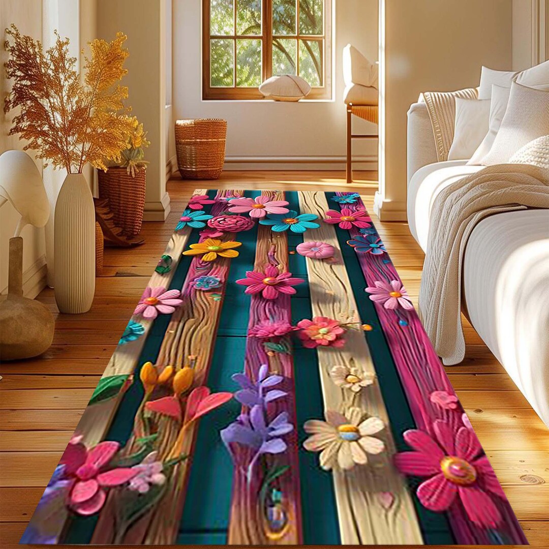 Runner Rug, Floral Rug, Wooden Fence Rug, Colorful Floral Patterned Rug ...