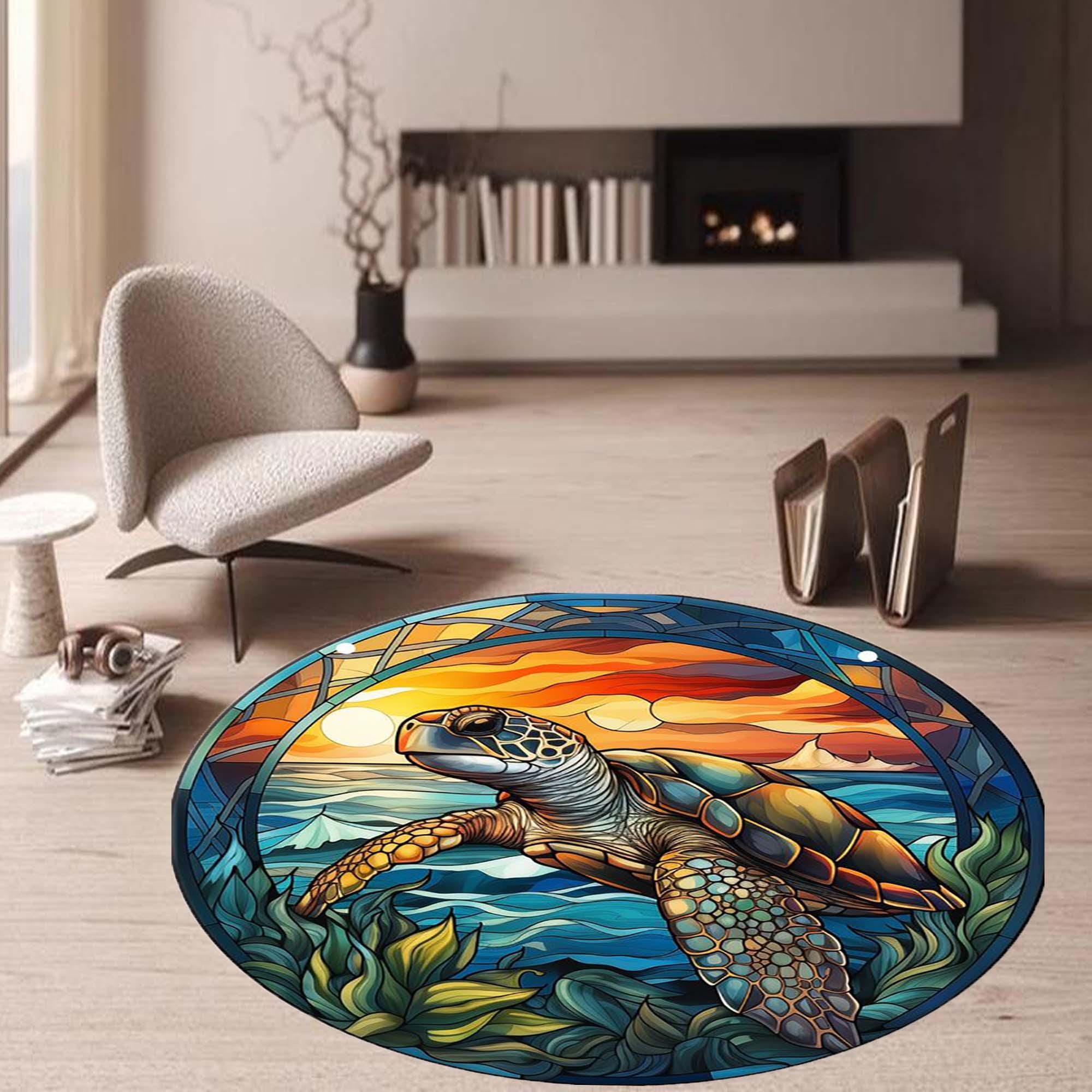Round Rug, Sea Turtle Stained Glass Effect Rug, Sea Turtle Rug, Stained ...