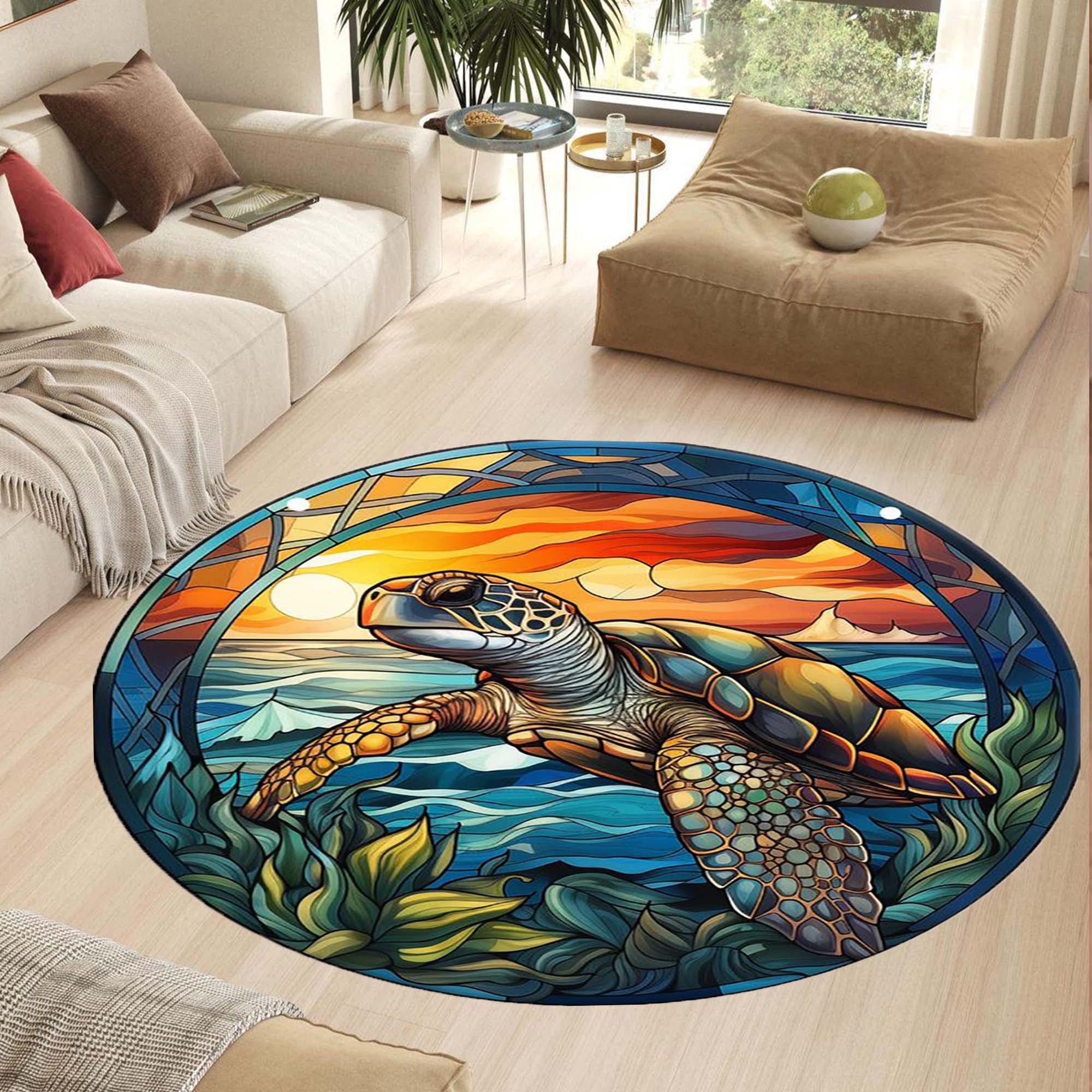 Round Rug, Sea Turtle Stained Glass Effect Rug, Sea Turtle Rug, Stained ...