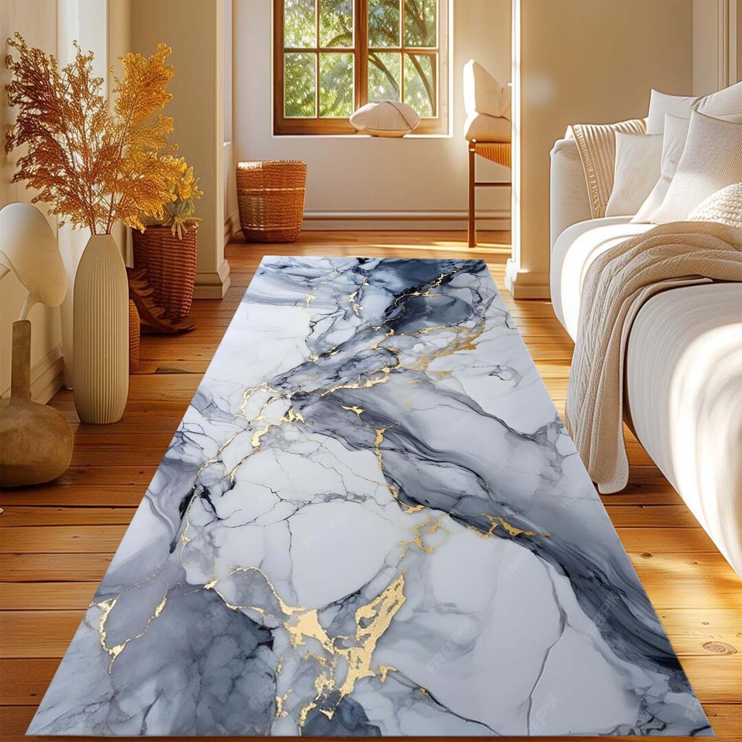 Luxury Marble Runner Rug, Blue Marble Rug, Blue and Gold Marble Rug ...