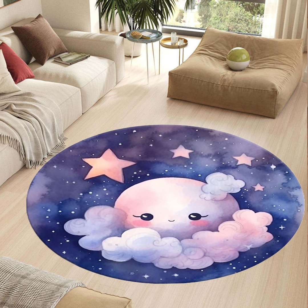 Moon Rug, Round Moon and Stars Rug, Cute Celestial Themed Circular ...