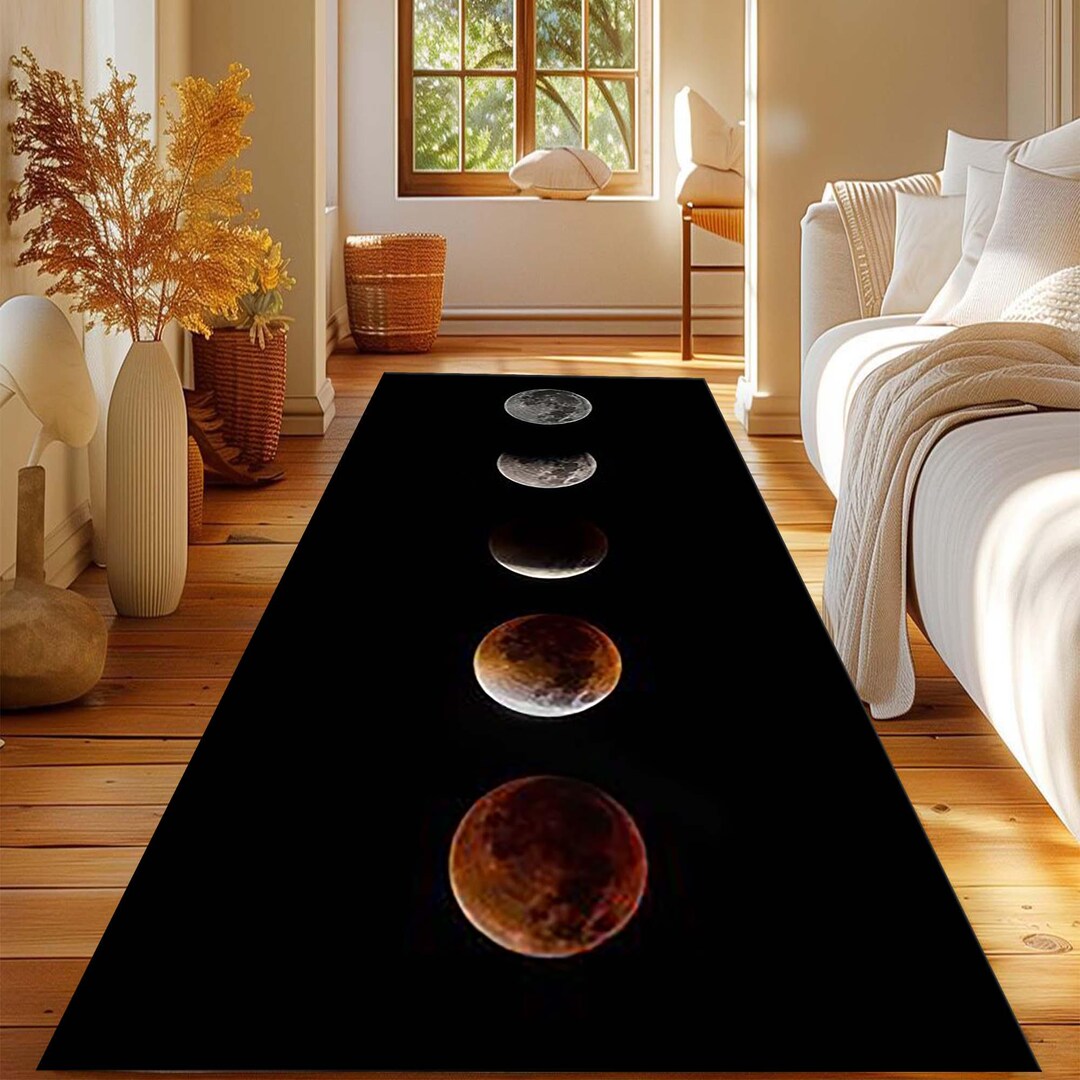 Moon Phase Runner Rug, Black Celestial Hallway Rug, Lunar Cycle ...