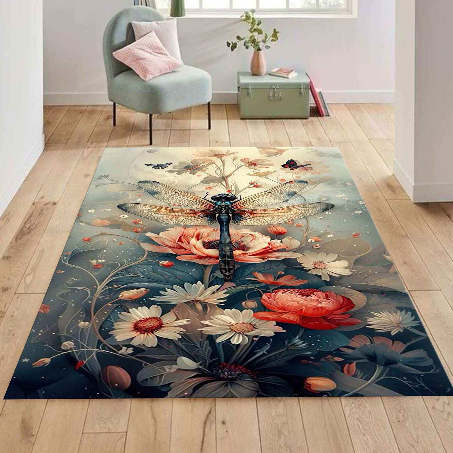 Dragonfly Rug, Butterfly Rug, Floral Rug, Garden Dragonfly Area Rug ...