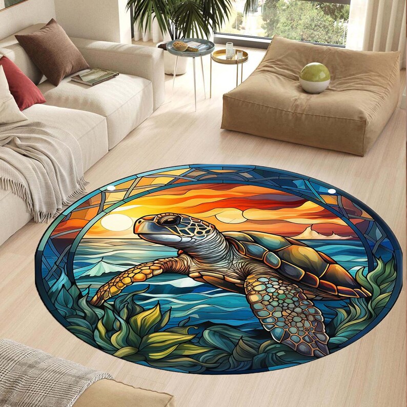 Round Rug, Sea Turtle Stained Glass Effect Rug, Sea Turtle Rug, Stained ...