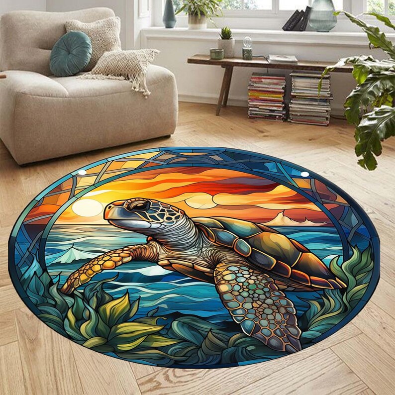 Round Rug, Sea Turtle Stained Glass Effect Rug, Sea Turtle Rug, Stained ...