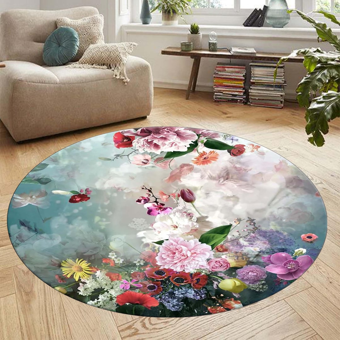 Round Rug, Floral Round Rug, Vintage Inspired Circular Rug With Flower ...