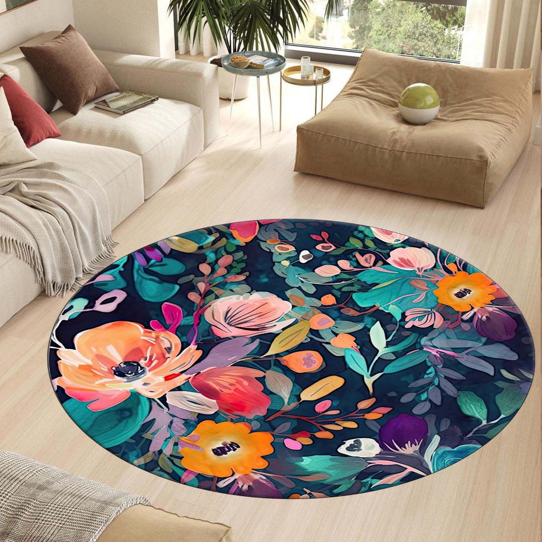Round Rug, Circle Rug, Colorful Floral Rug, Washable Living Room Rug ...