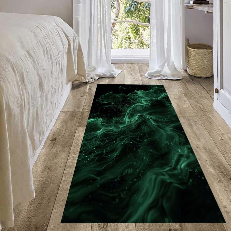 Runner Rug, Emerald Green Patterned Rug, Emerald Green Rug, Abstract ...