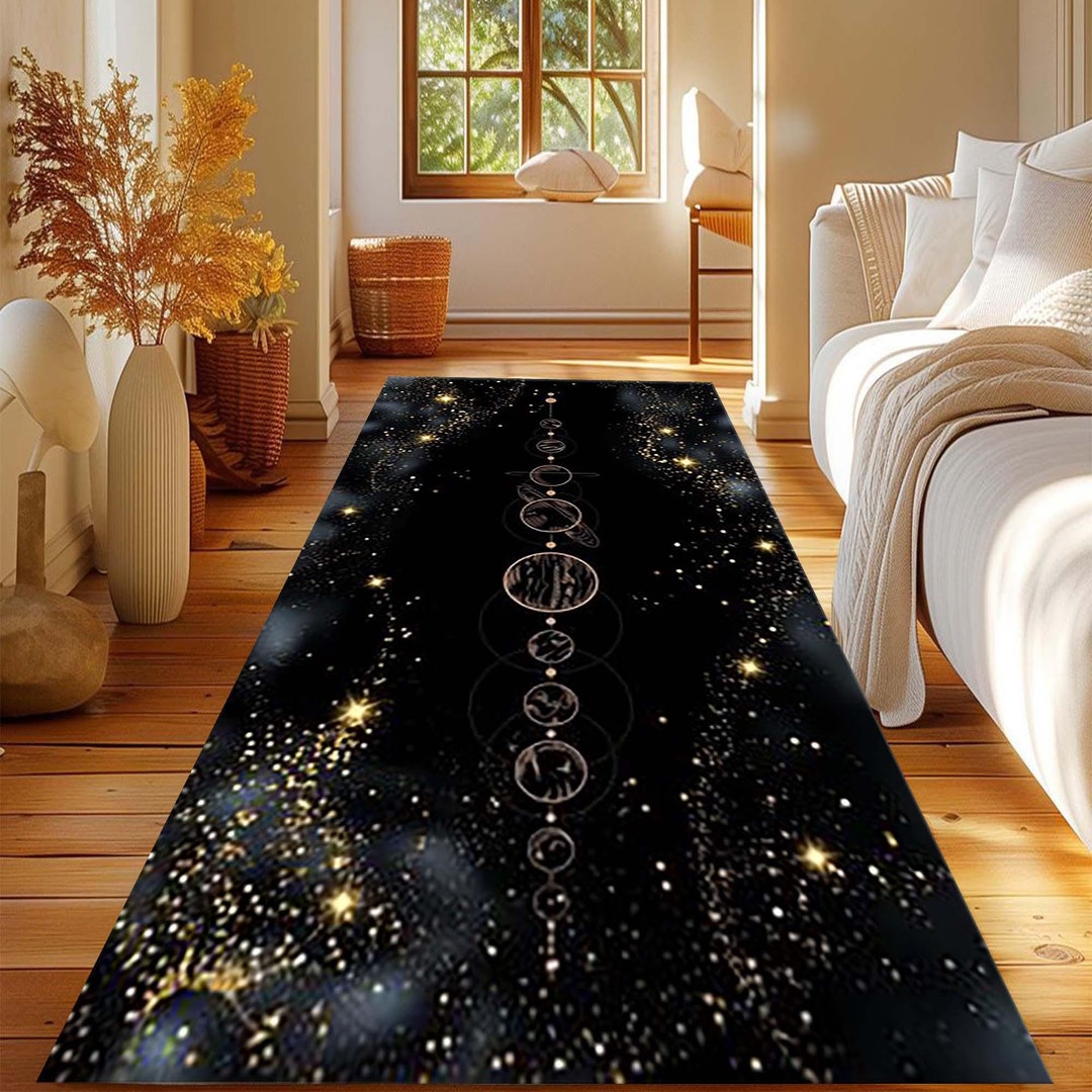 Black Space Themed Hallway Rug, Moon Shapes Rug,celestial Galaxy Runner ...