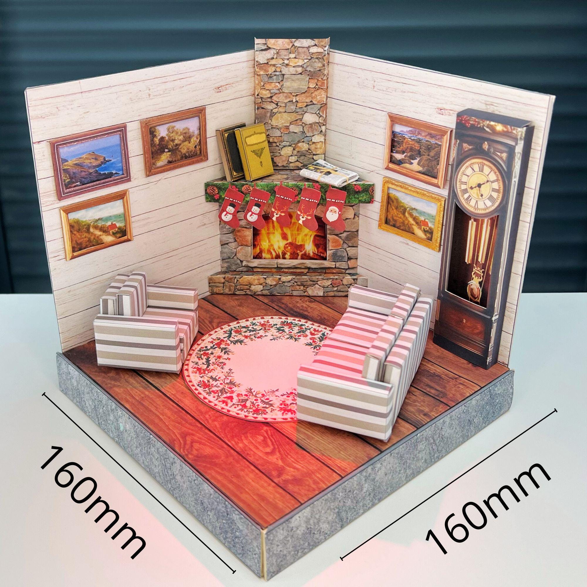 Printable DIY Dollhouse Room Box Kit | Cozy Fireplace Living Room ...