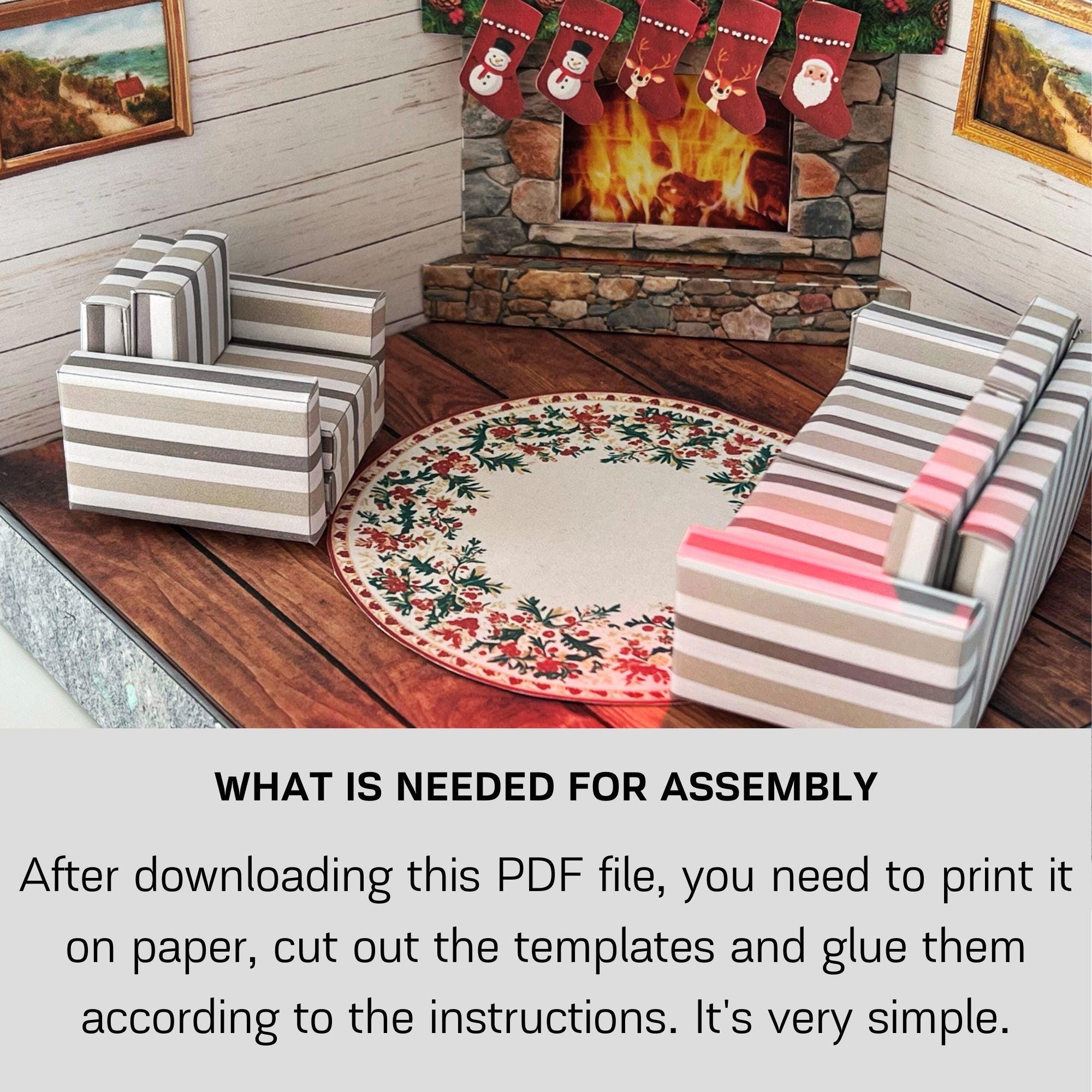 Printable DIY Dollhouse Room Box Kit | Cozy Fireplace Living Room ...