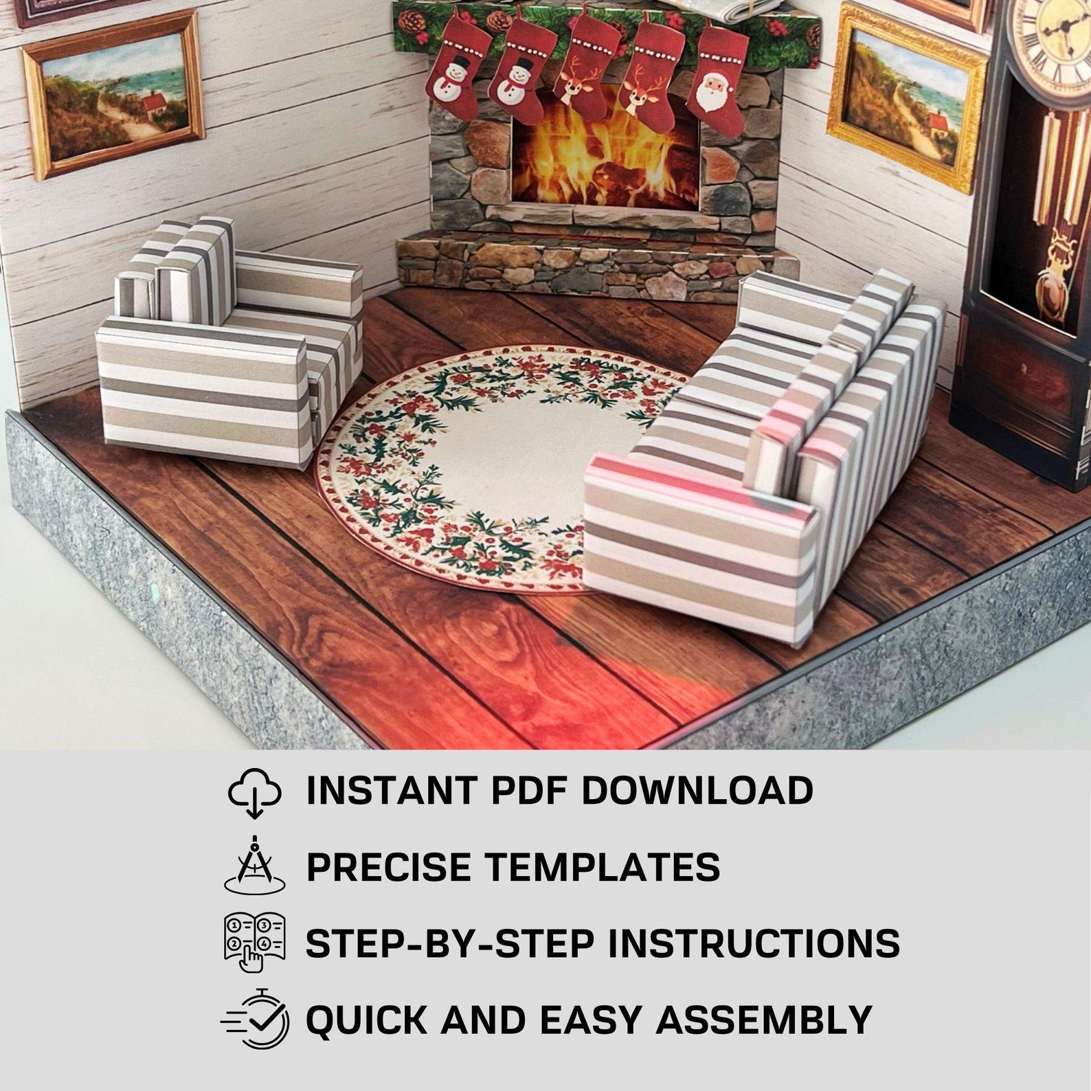 Printable DIY Dollhouse Room Box Kit | Cozy Fireplace Living Room ...