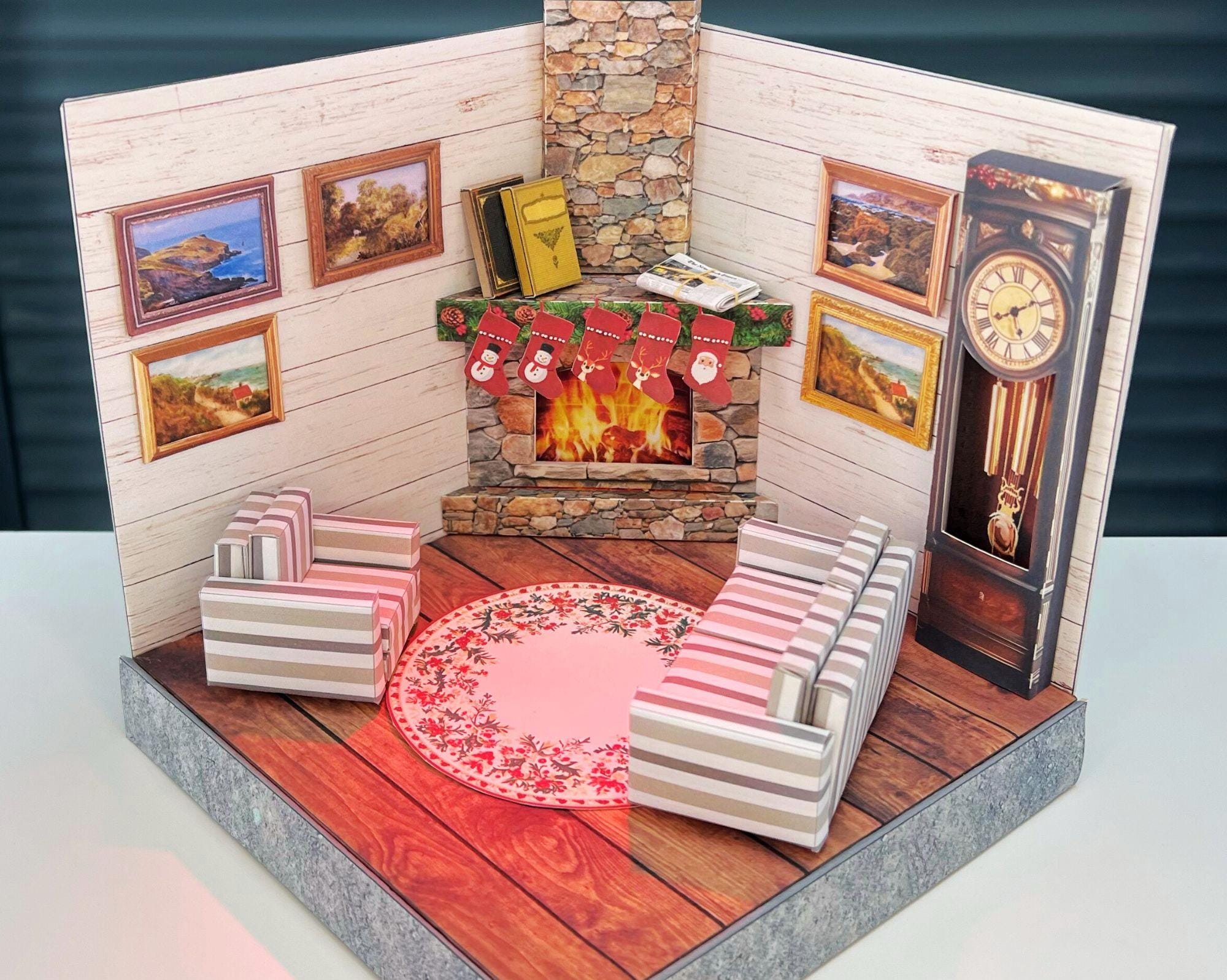 Printable DIY Dollhouse Room Box Kit | Cozy Fireplace Living Room ...