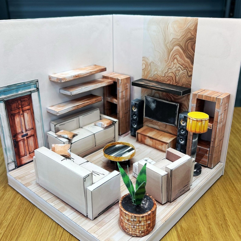 Printable Room Box Miniature, Modern Dollhouse Living Room, Papercraft ...