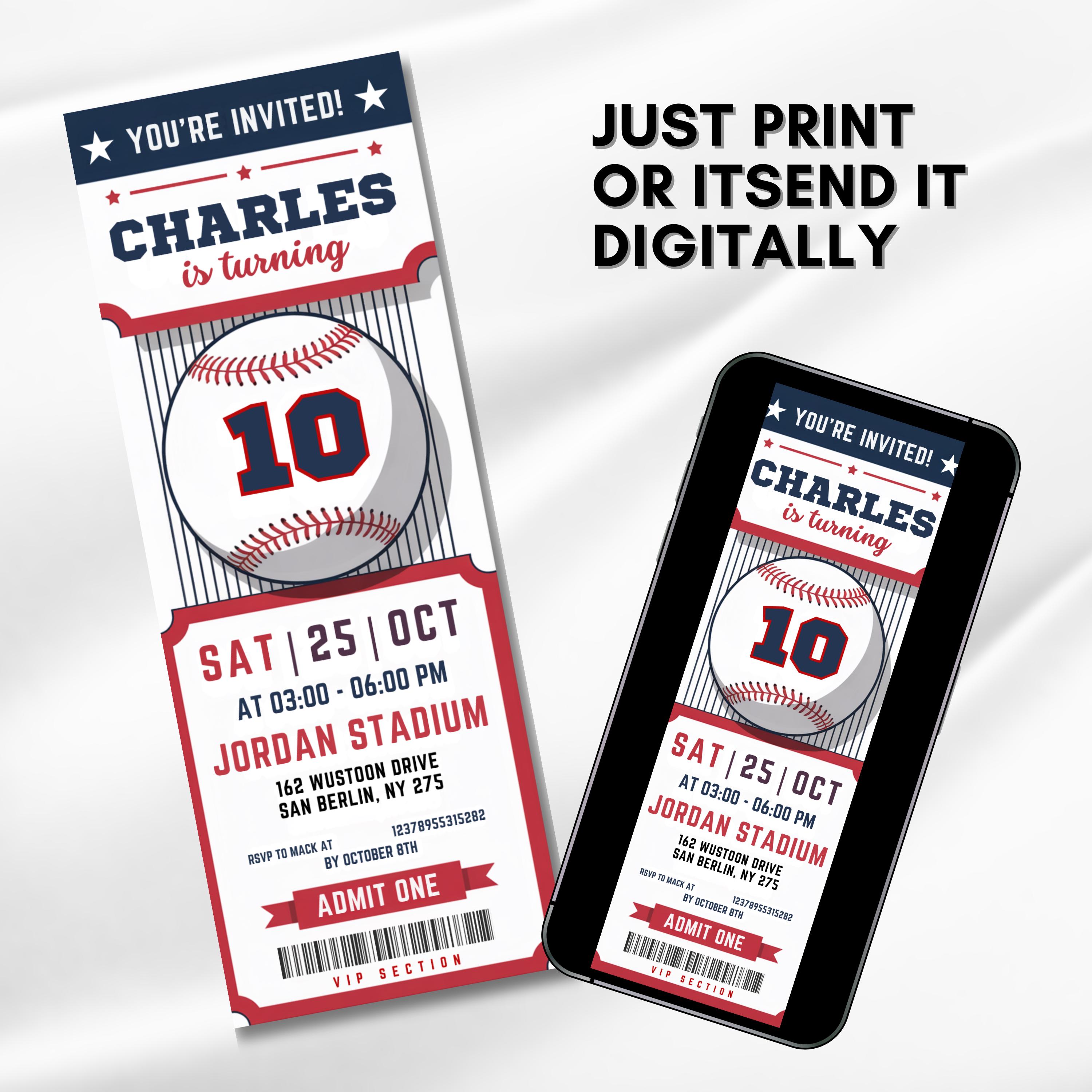 Editable Baseball Birthday Invitation Ticket, Custom Sports Party ...