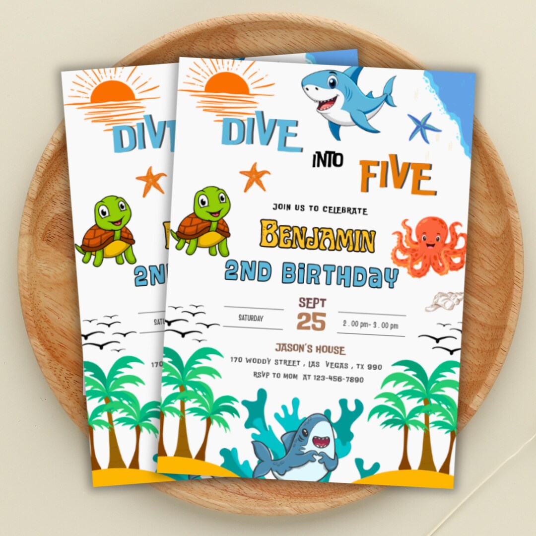 Editable Dive Into Five Birthday Invitation, Ocean Animals Theme ...