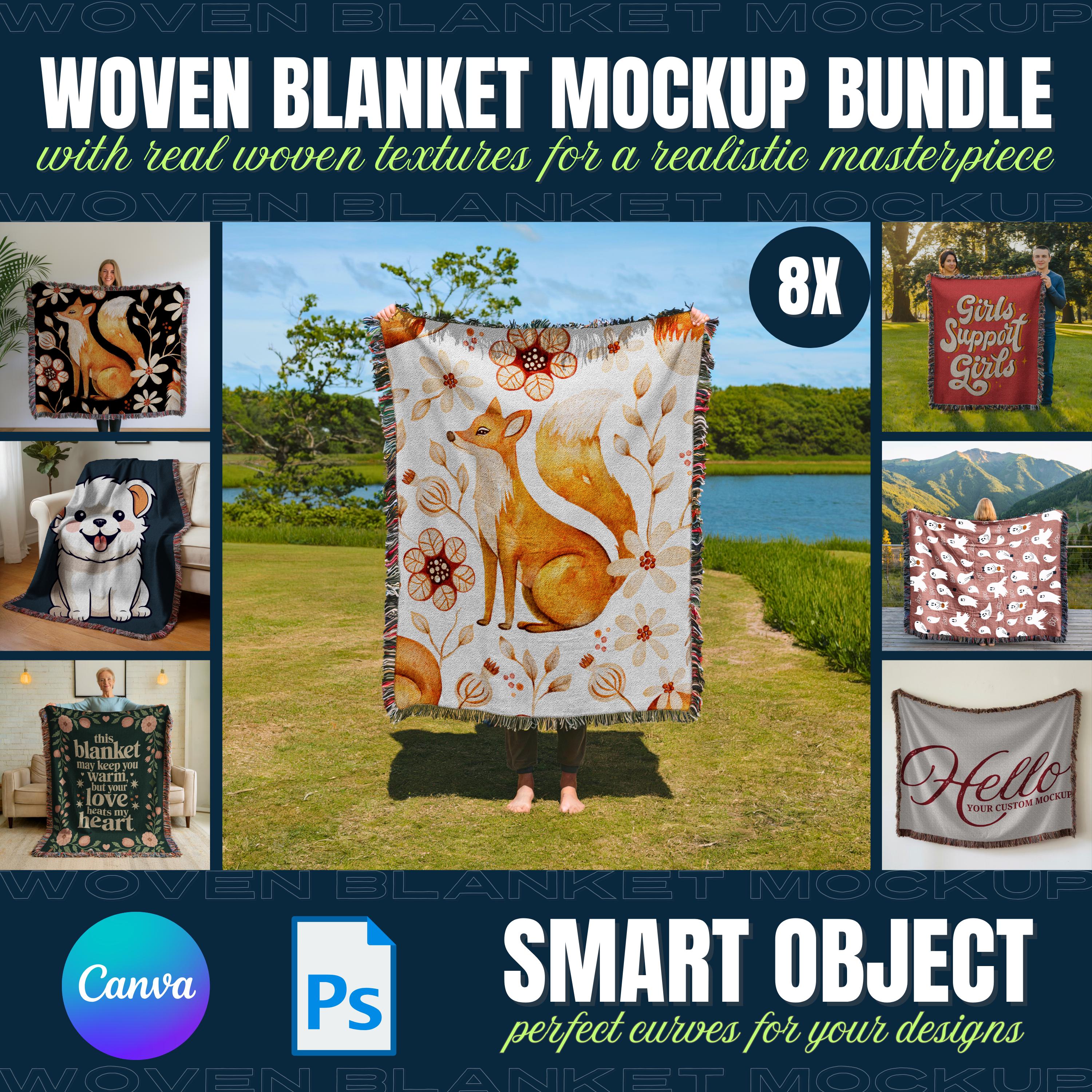 Woven Blanket Mockup Bundle Canva Photoshop, Woven Throw Blanket Mockup ...