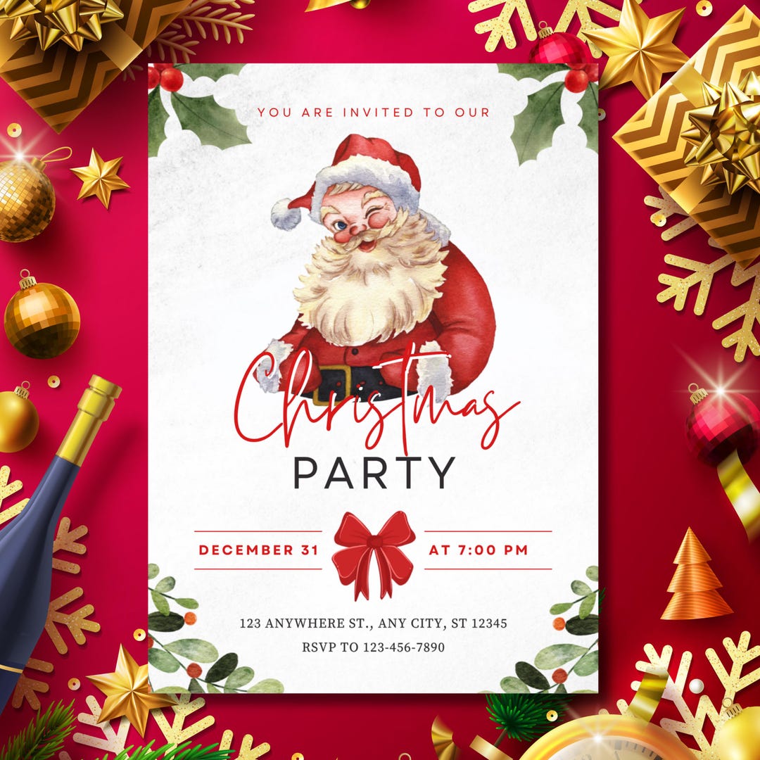 Winking Santa Christmas Party Invitation, Editable Retro Santa Claus ...